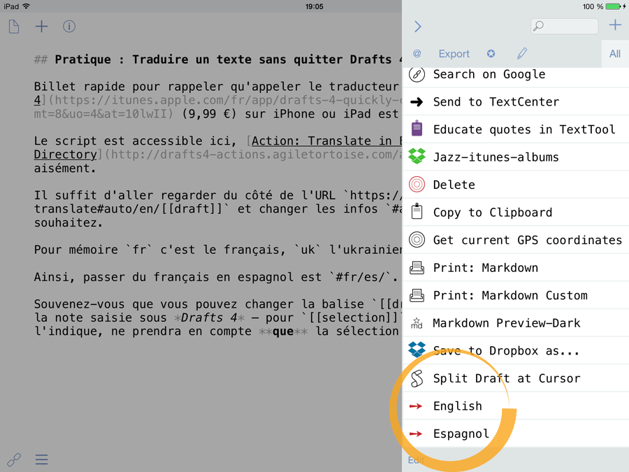 Pratique : Traduire un texte sans quitter Drafts 4 iOS